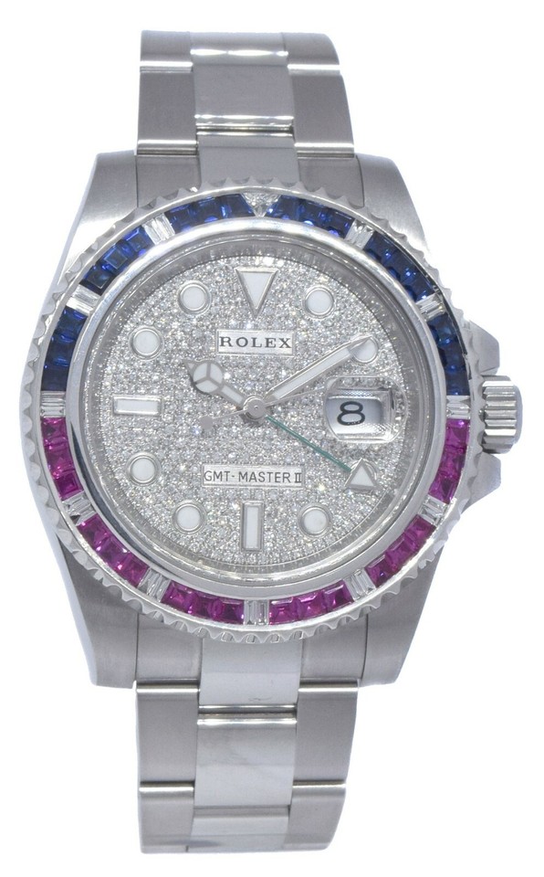 Rolex GMT-Master II Steel Diamond Dial Ruby/Sapphire Bezel 40mm Watch ...