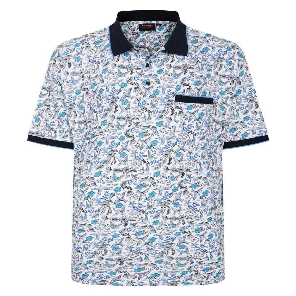 Espionage All Over Bird Print Polo Shirt For Men in White/Navy/Blue ...
