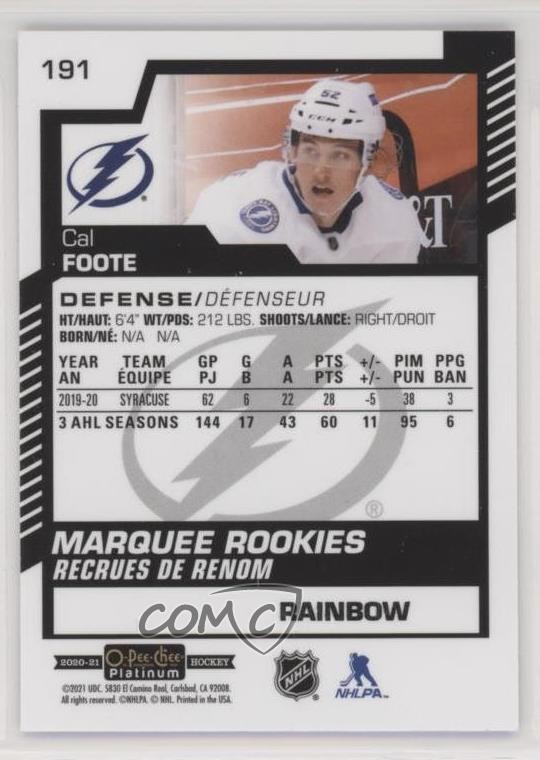 2020-21 O-Pee-Chee Platinum Marquee Rookies Rainbow Cal Foote #191 ...