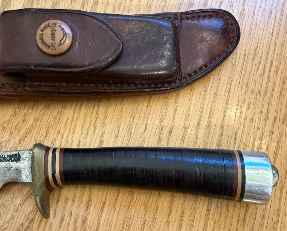 RARE BROWN BUTTON RANDALL KNIFE MODEL 7-4 1/2 USED & NO STONE IN SHEATH ...