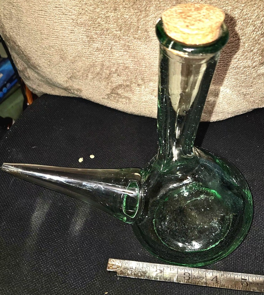 Vintage Hand Blown Spanish Porron Wine Decanter Bottle Blueish-Green ...