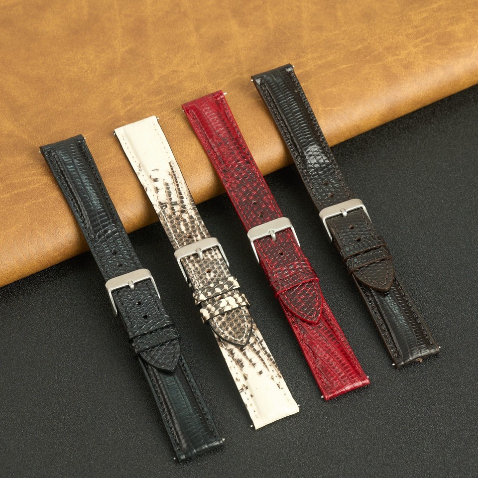 22mm Black Lizard Leather Watch Band Men Classic Real Flat Lizard Watch ...