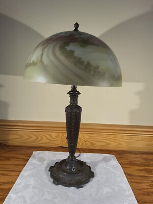 Antique Reverse Painted Trees Country Scene Table Lamp Pittsburgh Lamp ...