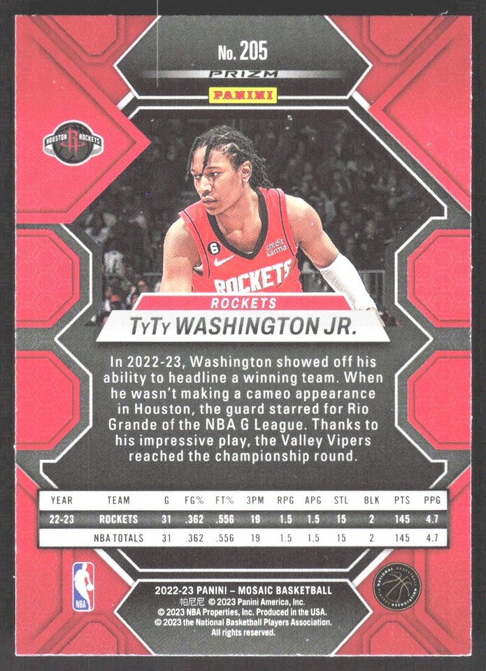 2022-23 Panini Mosaic TyTy Washington Jr. Rookie Houston Rockets #205 ...