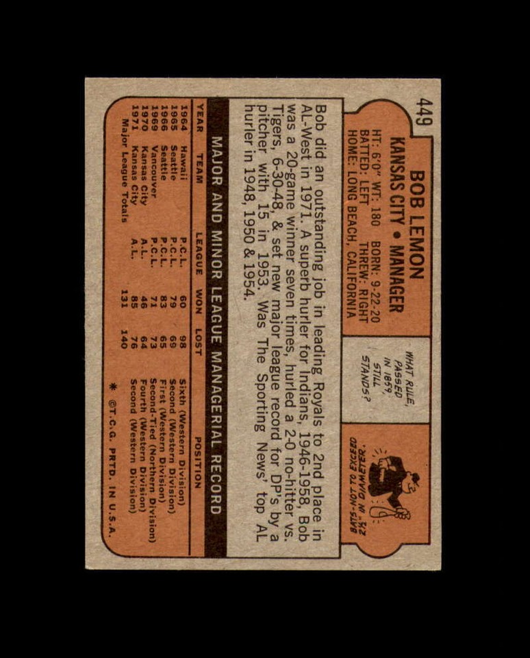 Bob Lemon Signed 1972 Topps Kansas City Royals Autograph | eBay