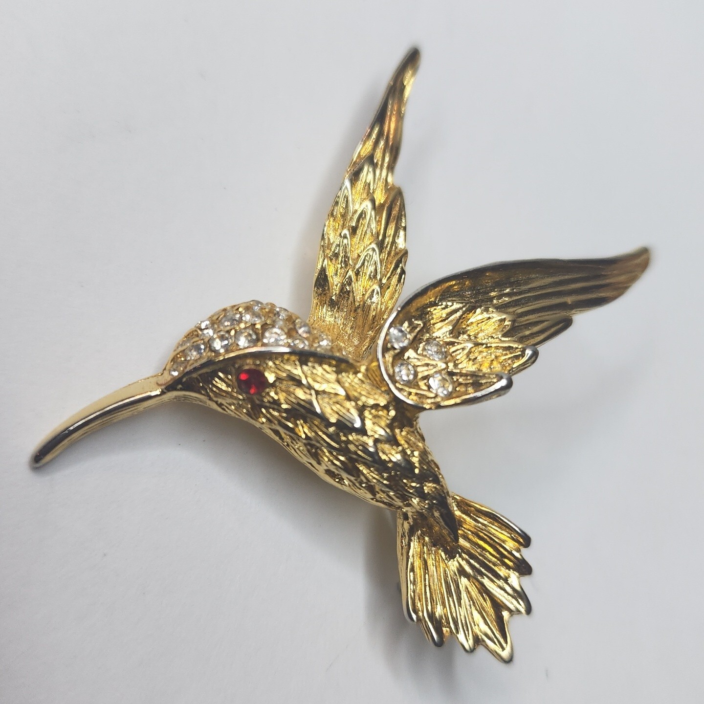 Beautiful Brooch Gold Tone Hummingbird Clear Red Rhin… - Gem