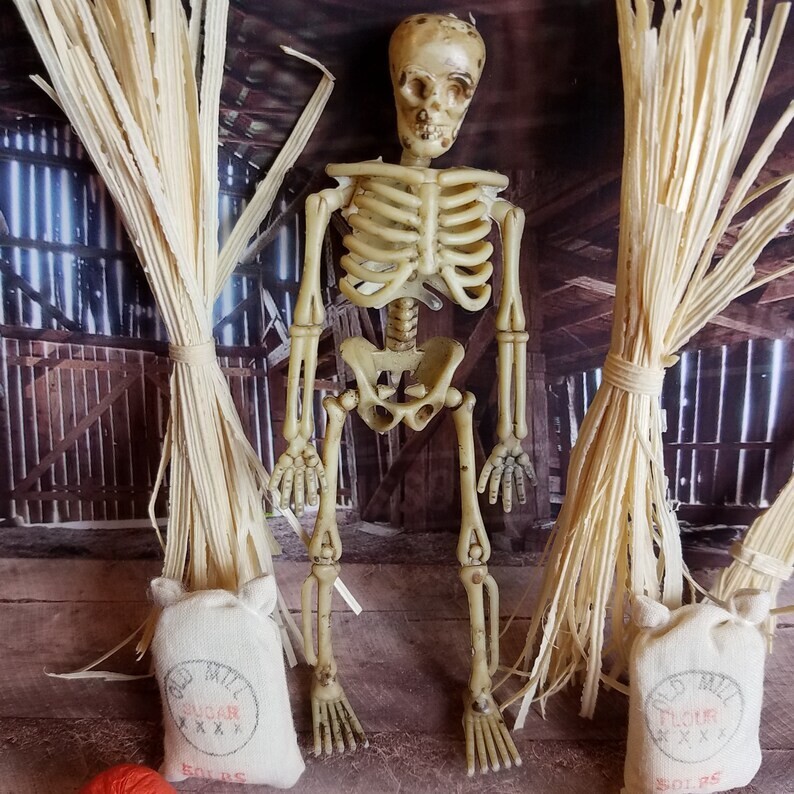 Miniature Halloween Skeleton Box Flour Sacks Broom Corn Stalks Pumpkins ...