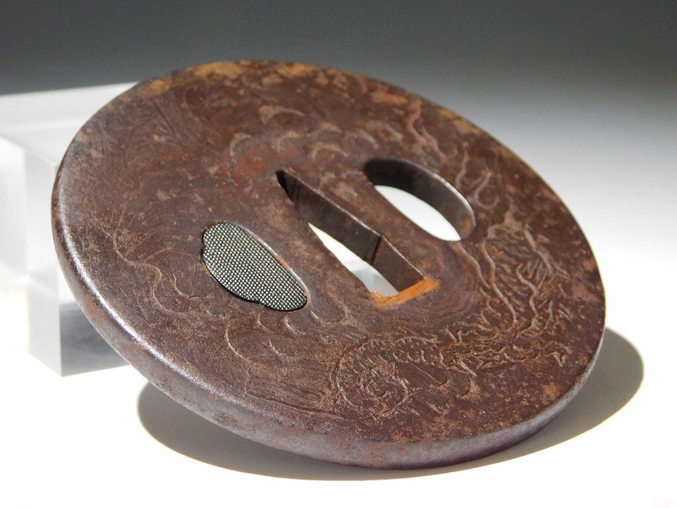 Myochin Signed Dragon Tsuba Wood Pattern Forged Iron Katchushi original ...
