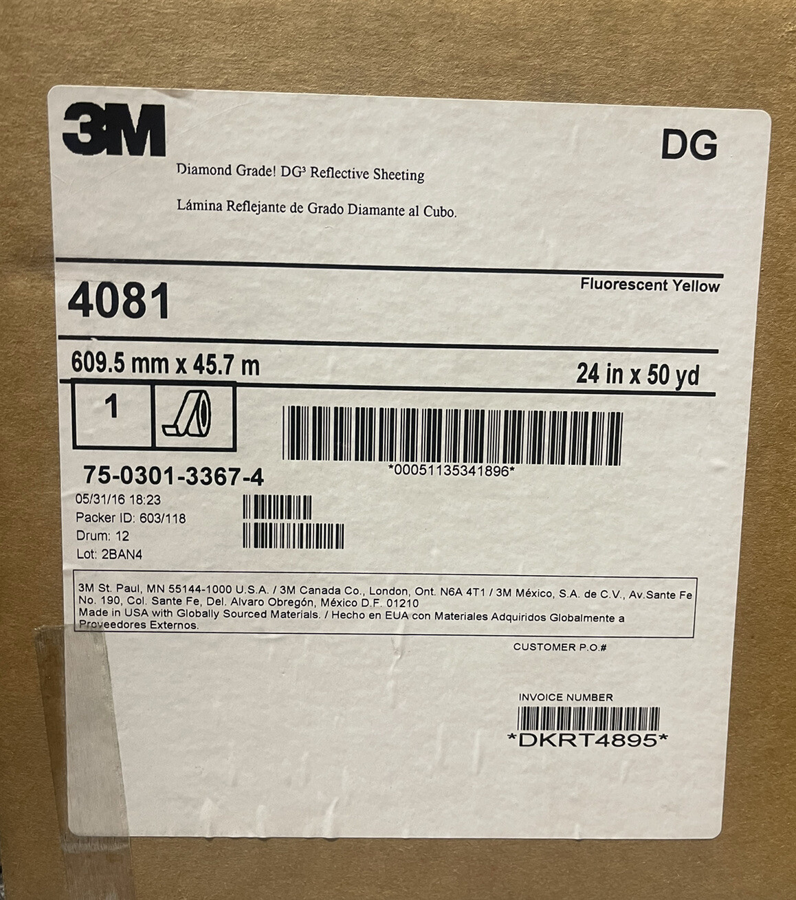 3M 4081 diamond Grade Reflective Sheeting Fluorescent Yellow 24" x 1yd ...