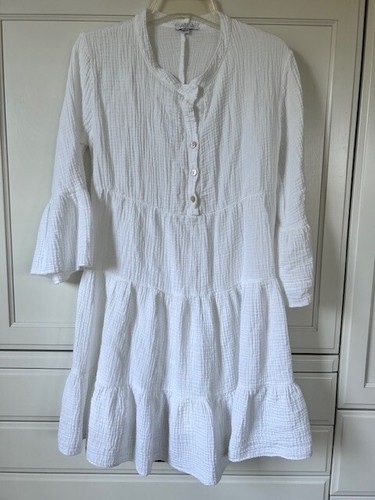 Vasna Italy Dress Sz S White Gauze Waffle Multi Tiers Boho 3/4 Ruffle ...