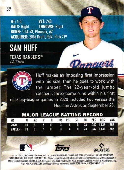 2021 TOPPS STADIUM CLUB SAM HUFF RC ROOKIE BASEBALL CARD #39 | eBay