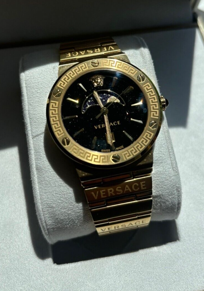 Versace Greca Logo Moon Phase Black Dial Gold Stainless Steel Watch ...