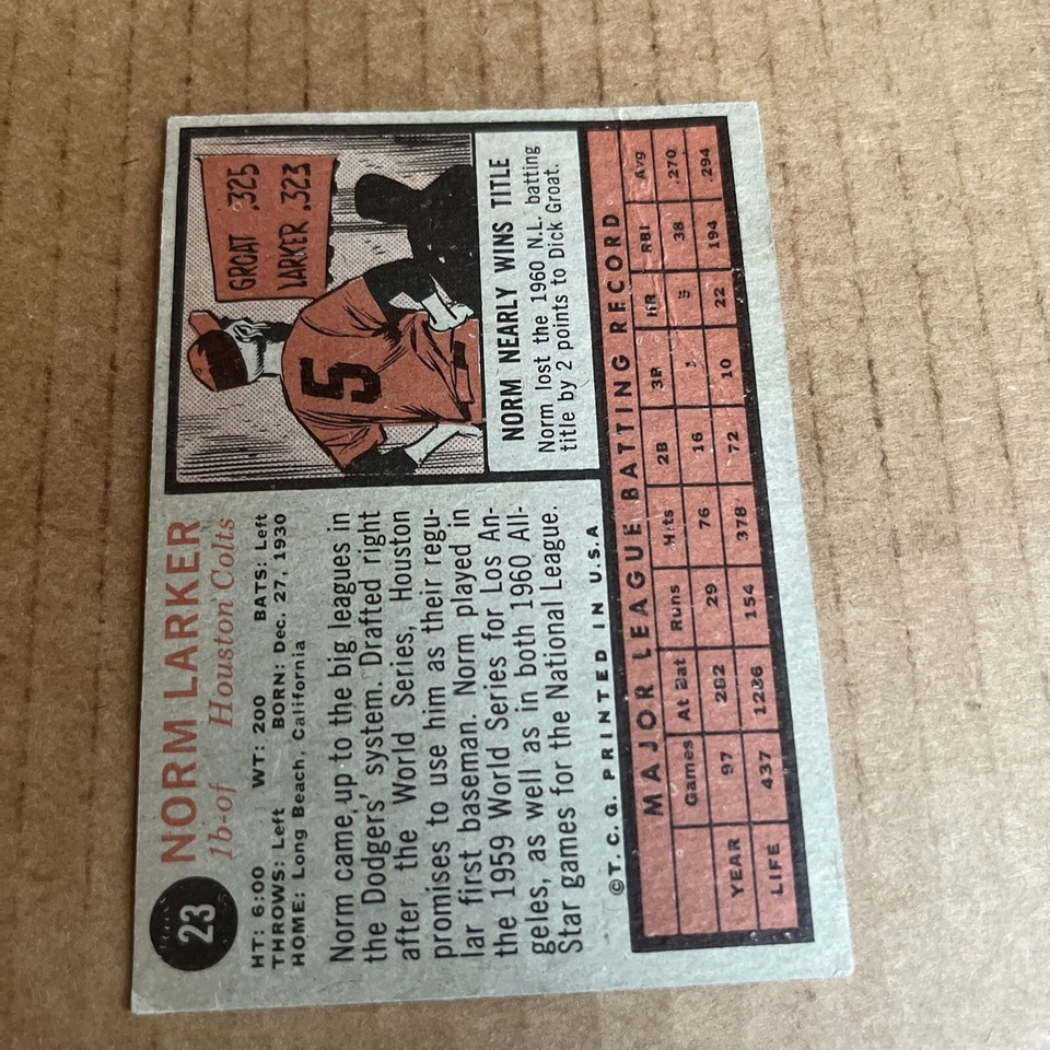 1962 Topps Norm Larker #23 Houston Colts Vintage Baseball Card (poor ...