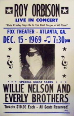 Roy Orbison Concert Poster - 1969 w/ Willie Nelson & the Everly ...