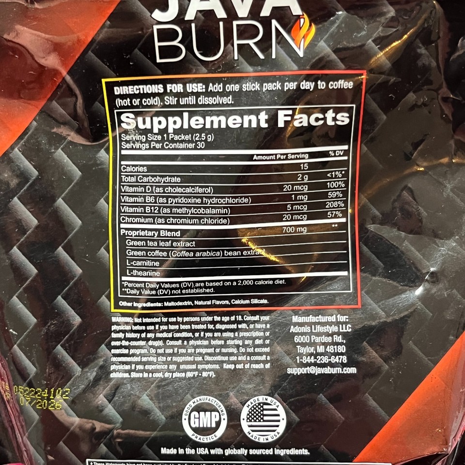 JAVA BURN Dietary Supplement Exp 7 2026 Weight Loss 30 Packs Coffee ...