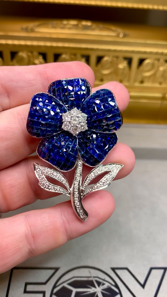 Estate 18K White Gold Invisible Set Sapphire Diamond Large Flower ...
