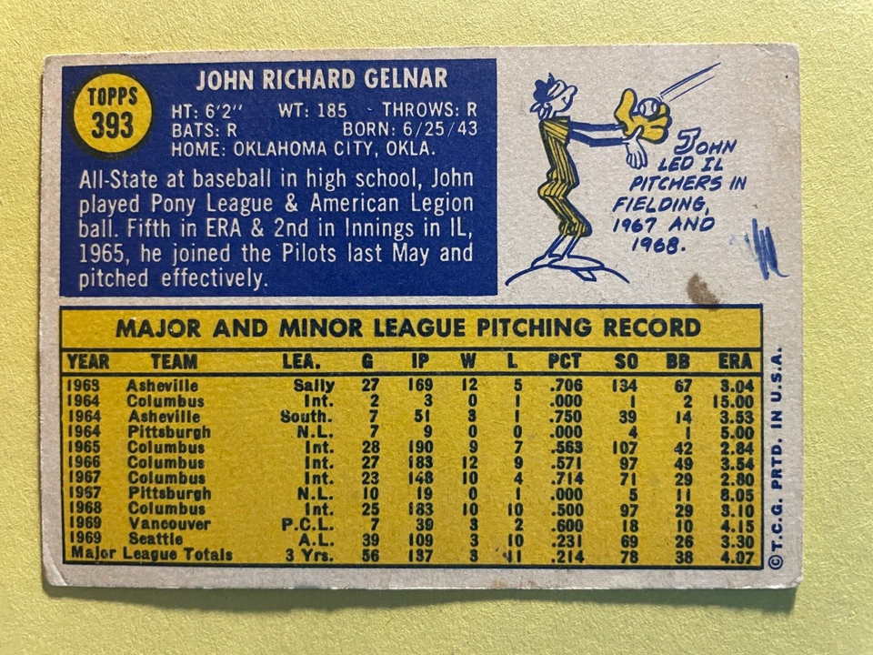 SIGNED JOHN GELNAR 1970 TOPPS BASEBALL CARD - SEATTLE PILOTS | eBay