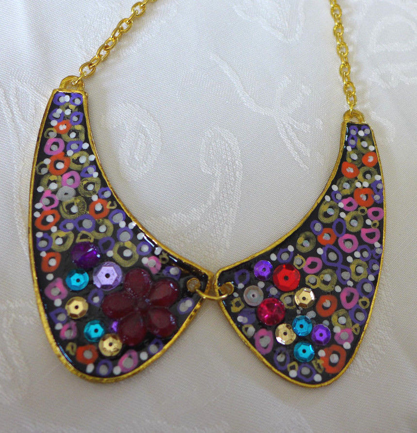 HANDMADE NECKLACE GOLD METAL CHAIN HAND PAINTED AND MULTI COLOR BEADS ...
