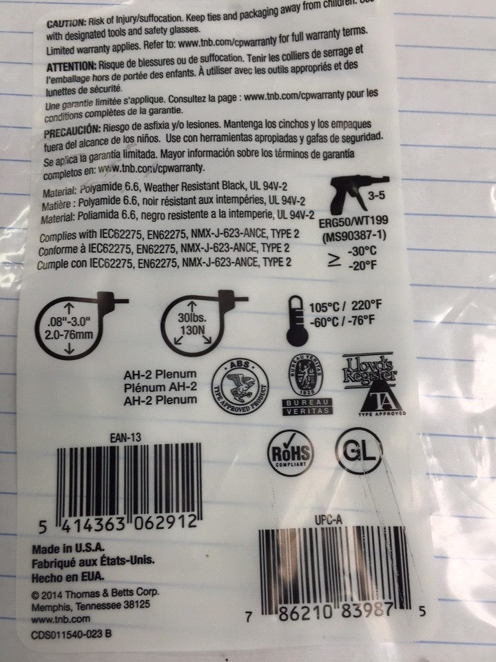 Thomas & Betts Ty-Rap TY26MX 11.1" 30lb UV Black 1,000/bag 786210839875 ...