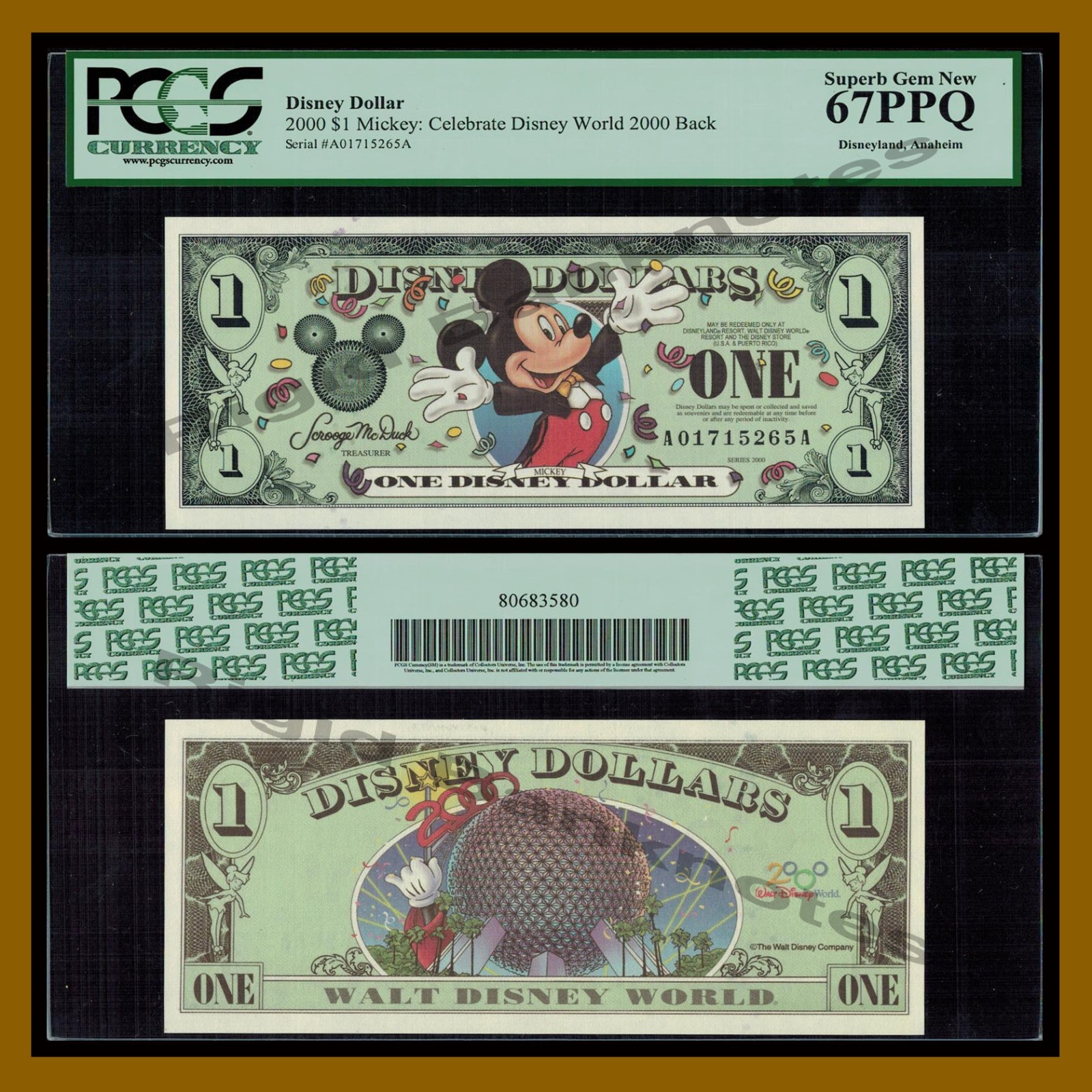 Disney 1 Dollar, 2000 "AA" Series, Celebrate Disney World PCGS 67 PPQ ...