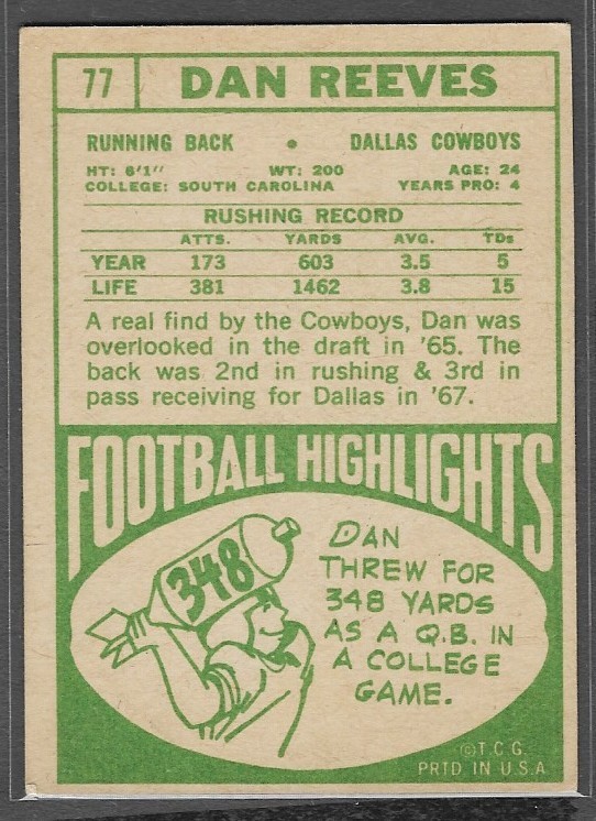 1968 Topps #77 Dan Reeves (VG-VGEX) Dallas Cowboys | eBay