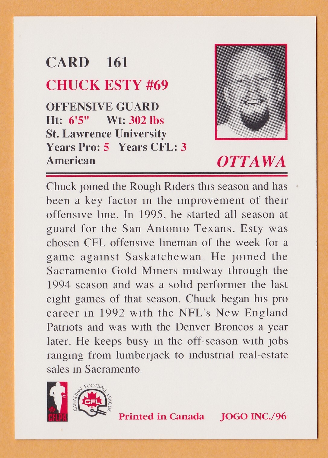 Chuck Esty 1996 Jogo CFL card #161 Ottawa Rough Riders St. Lawrence U | eBay