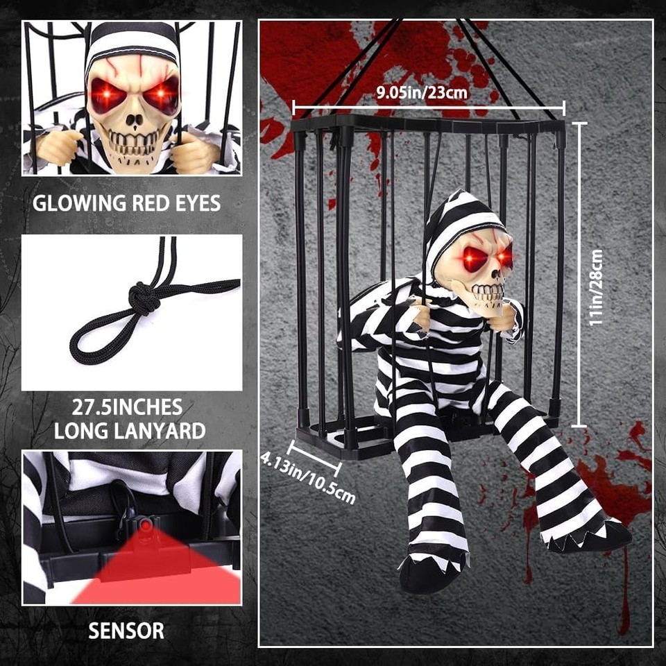 Screaming Skeleton Cage Animated Hanging Decoration for Spooky ...