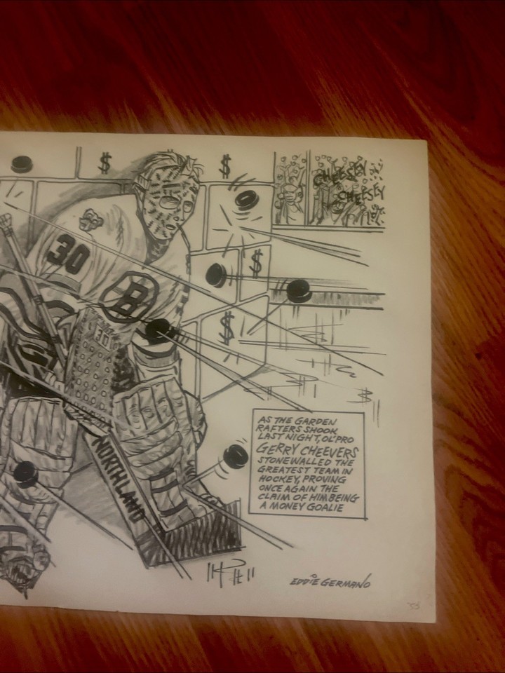1970S GERRY CHEEVERS ORIGINAL ART EDDIE GERMANO BOSTON BRUINS GOALIE ...