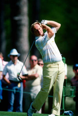 Golfer Jack Nicklaus swings and watches his shot in the Ma- Golf 1988 ...