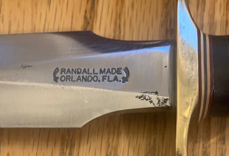 VINTAGE USED RANDALL #2-8 KNIFE W/ ROUGHBACK SHEATH HAS NAME & M.D. N8 ...