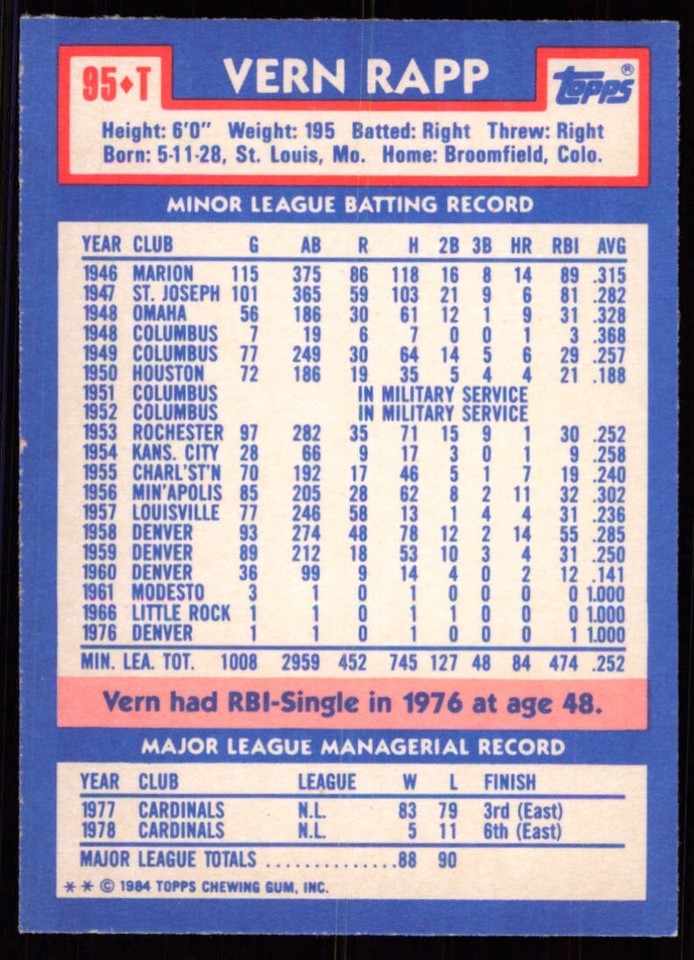 1984 Topps Traded Vern Rapp Cincinnati Reds #95T | eBay