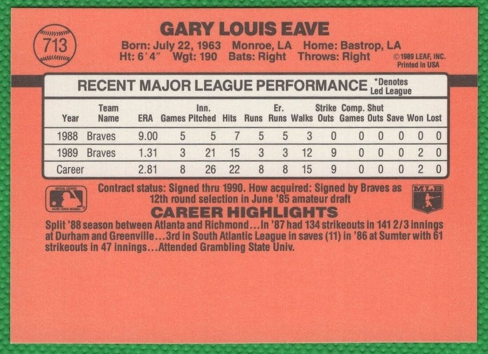 Gary Eave - 1990 Donruss #713 - Atlanta Braves Baseball Card | eBay