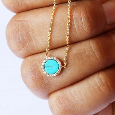 14k Solid Yellow Gold Turquoise Disc Diamond Pendant Necklace Fine Gift ...