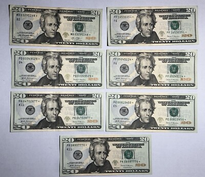 $20 Twenty Dollar Bill Star Note Series 2013 and 2017 A Lot of 7 Notes ...