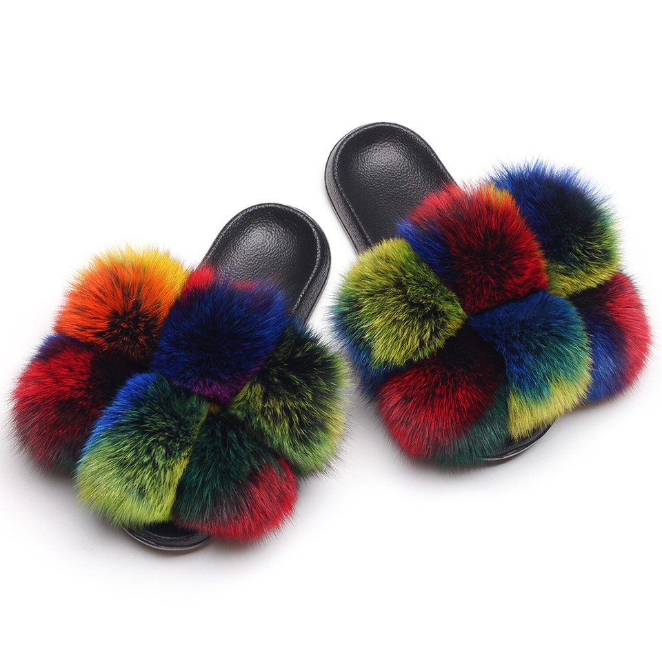 Real Farm Fox Racc00n Fur Slippers Pom Pom Fur Slides Flip Flops Women ...