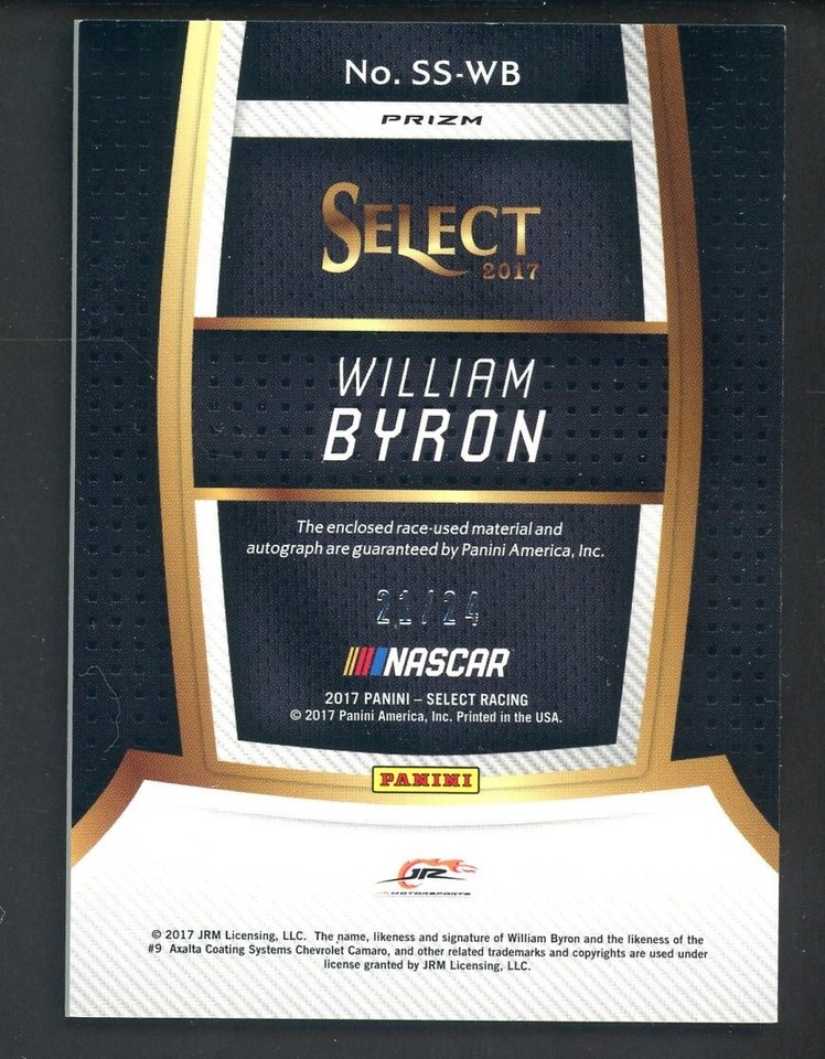 2017 Panini Rainbow Prizm Select NASCAR Racing Patch AUTO William Byron ...