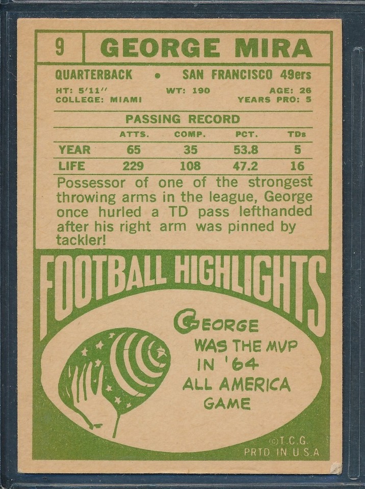 1968 Topps Football Set-Break #9 GEORGE MIRA San Francisco 49ers ~ VG ...