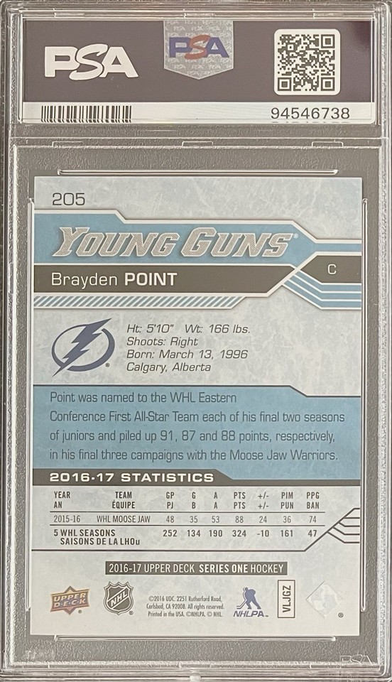 Brayden Point Rookie 2016-17 Upper Deck Young Guns #205 PSA 9 (RC ...