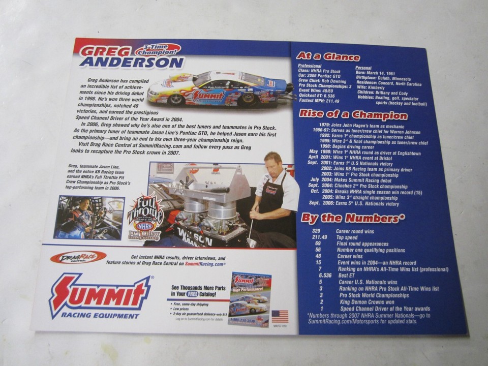 NHRA 07 Greg Anderson Summit #2 Pontiac GTO Pro Stock Drag Racing Track ...