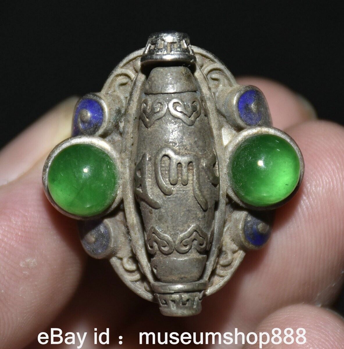 1.4" Old China Miao Silver Cloisonne Green Gem dZi bead Finger Jewelry ...