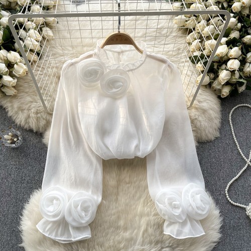 Womens 3D Flowers Ruffles Long Puff Sleeve Shirt Party Chiffon See ...