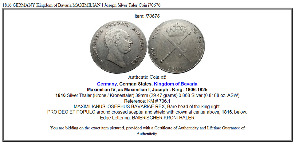 1816 GERMANY Kingdom of Bavaria MAXIMILIAN I Joseph Silver Taler Coin ...