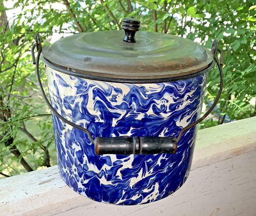 Antique Cobalt Blue Enamelware Graniteware Lidded Pail Handle Vintage ...