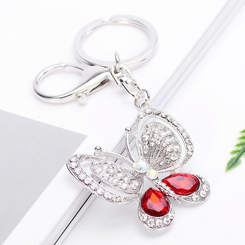 Red/Blue AAA Cubic Zirconia Butterfly Keychain Girl's Silver Key Ring ...