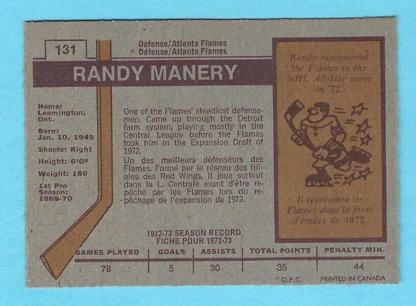 1973-74 OPC 131 Randy Manery Atlanta Flames! NM-MT! *SET BREAK* | eBay