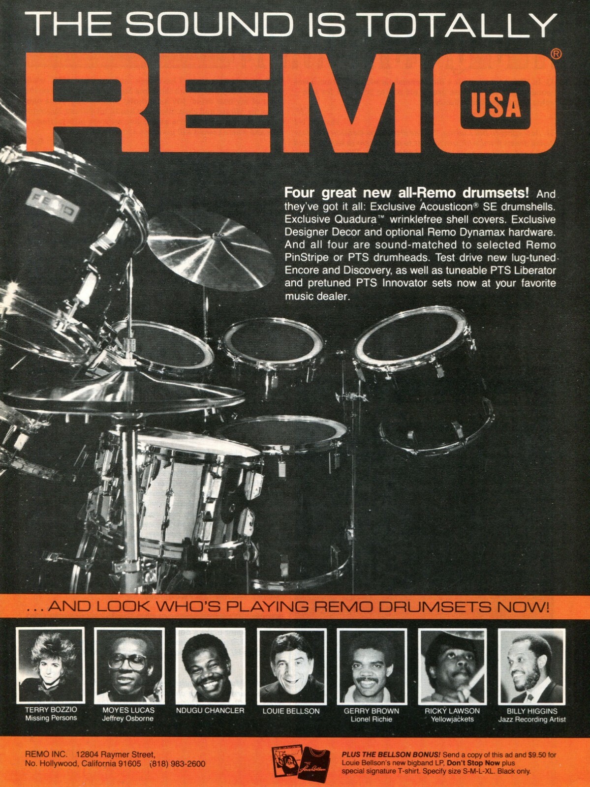 1986 Print Ad of REMO Drum Kit w Ricky Lawson, Louie Bellson, Moyes ...