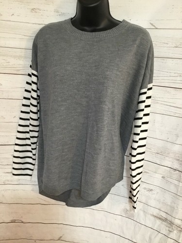 French Connection Women’s Sweater Gray Crew Neck Striped Sleeves Size M ...