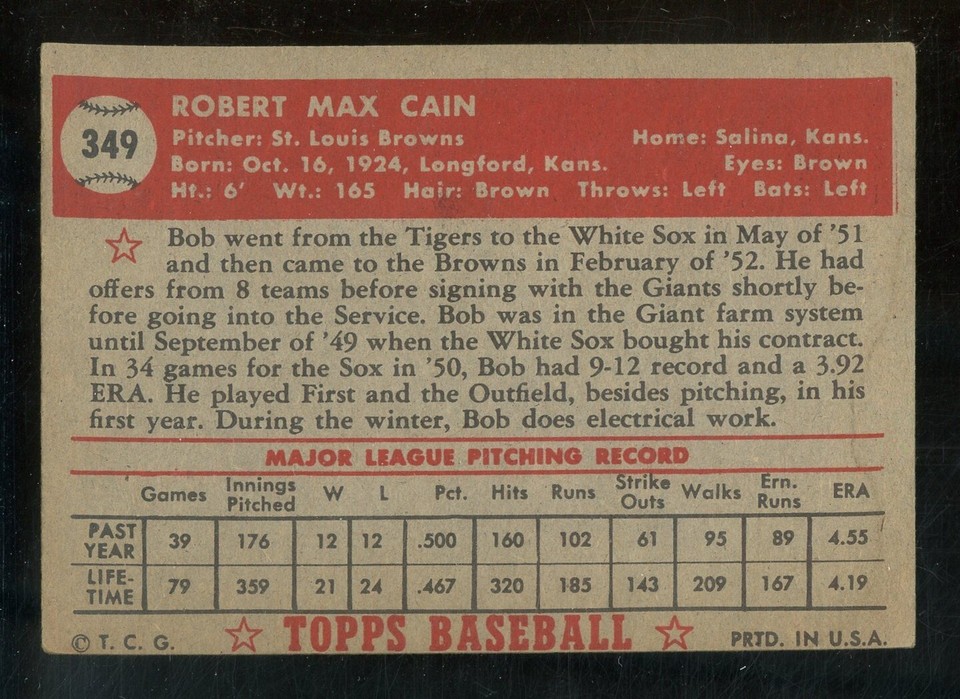 1952 Topps High# #349 Bob Cain St. Louis Browns | eBay