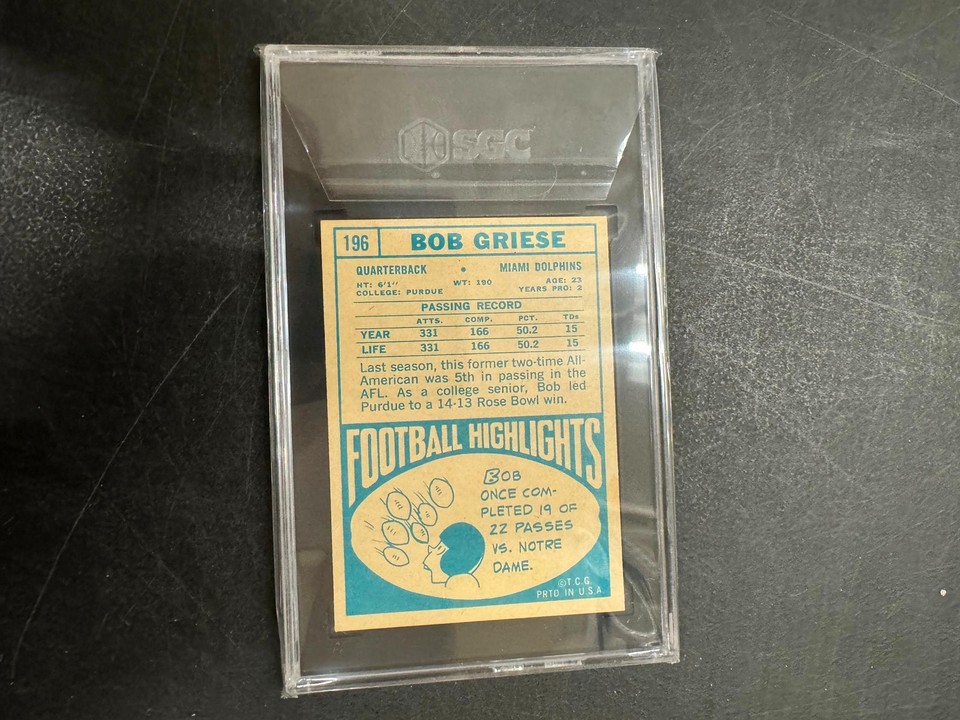 Bob Griese 1968 Topps Football Rookie Card #196 SGC 6 EX-NM Miami ...