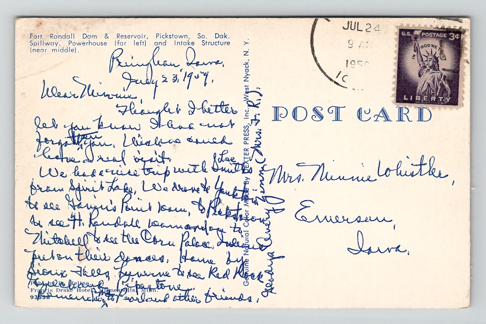 Postcard Fort Randall Dam and Reservoir Spillway Pickstown South Dakota ...